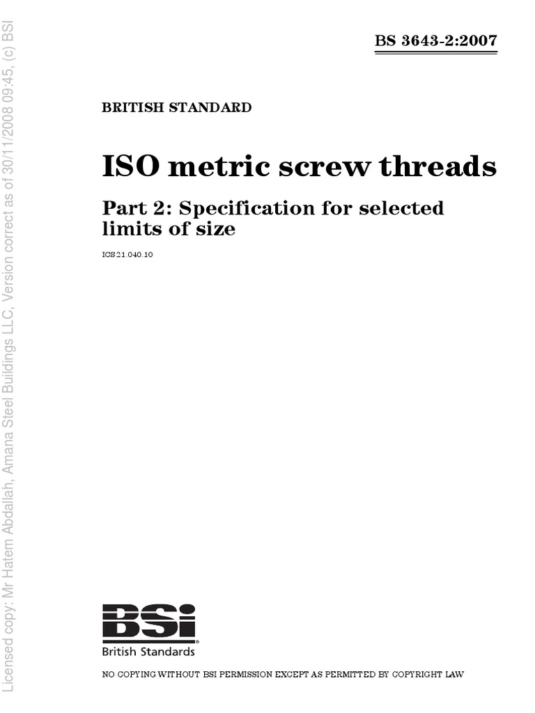 ISO Metric Screw Threads: Part 2: Specification For Selected Limits of ...