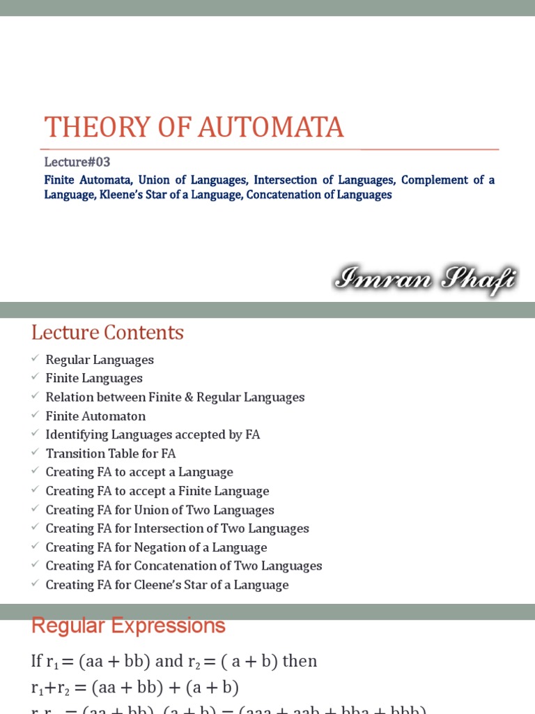 Lecture#03, FA, Union, Complement, Intersection, Concatenation, Kleene Star | PDF | String ...