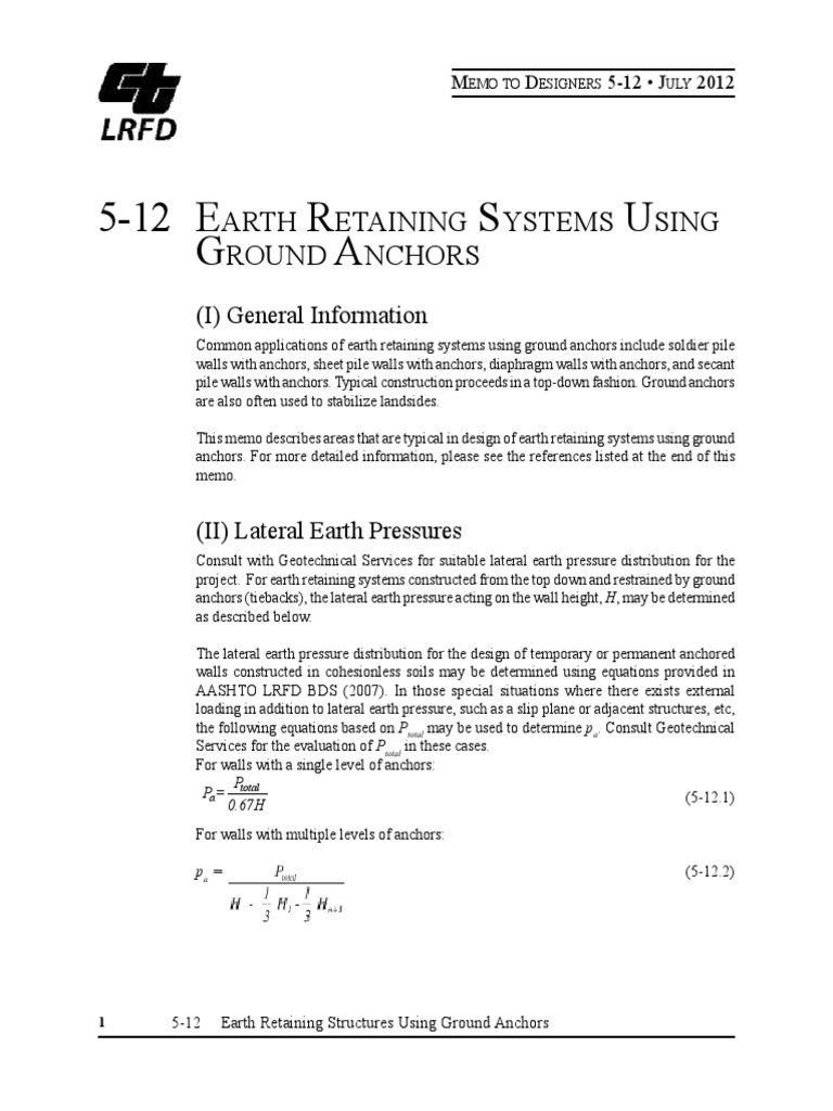 Earth Retaining Systems Using Ground Anchors (LRFD) | PDF | Geotechnical Engineering | Deep ...