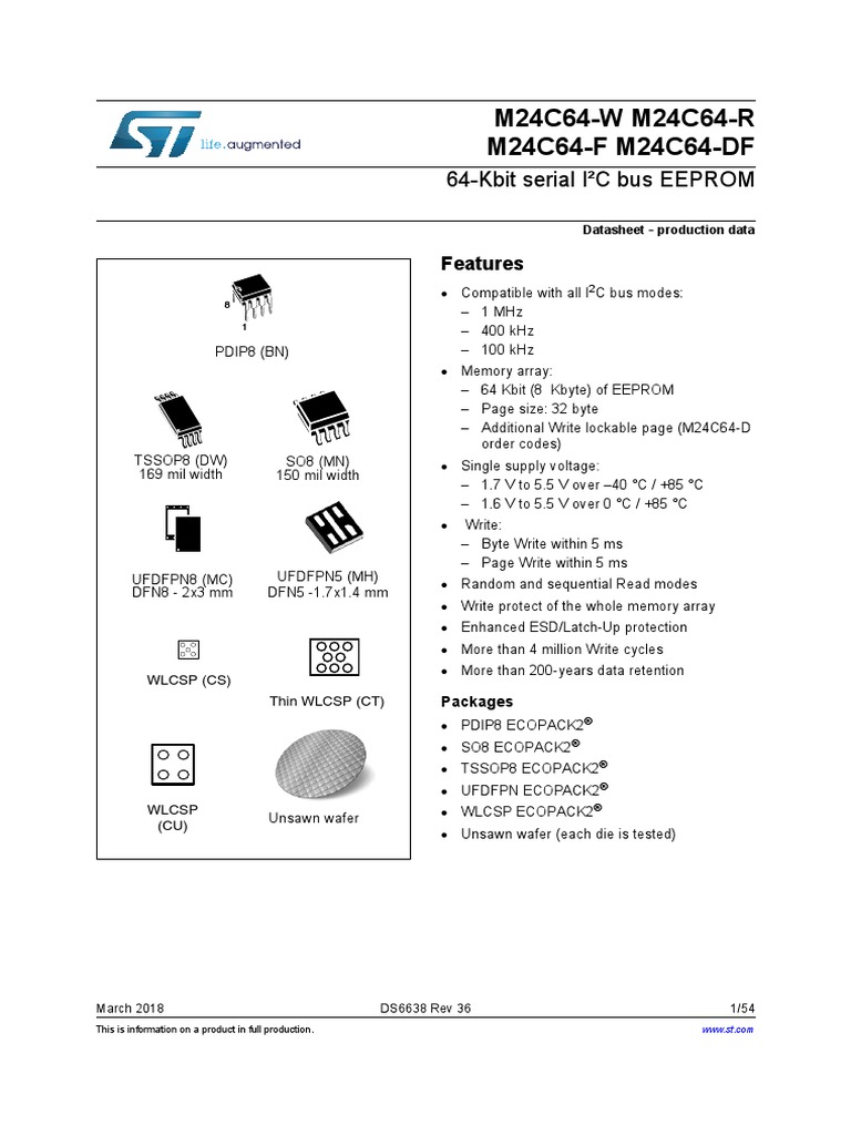 M24C64-W M24C64-R M24C64-F M24C64-DF: 64-Kbit Serial I C Bus EEPROM | PDF | Error Detection And ...