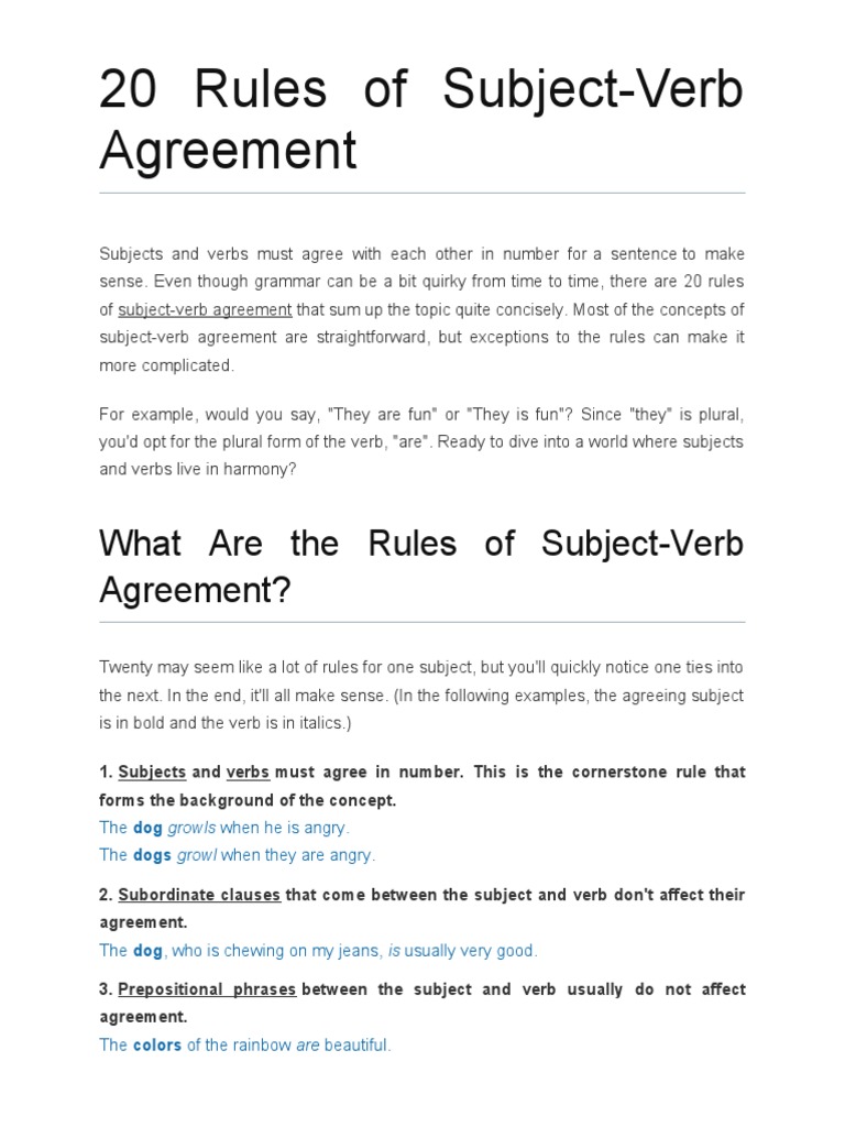 20 Rules of Subject Verb Agreement | PDF | Grammatical Number | Subject ...