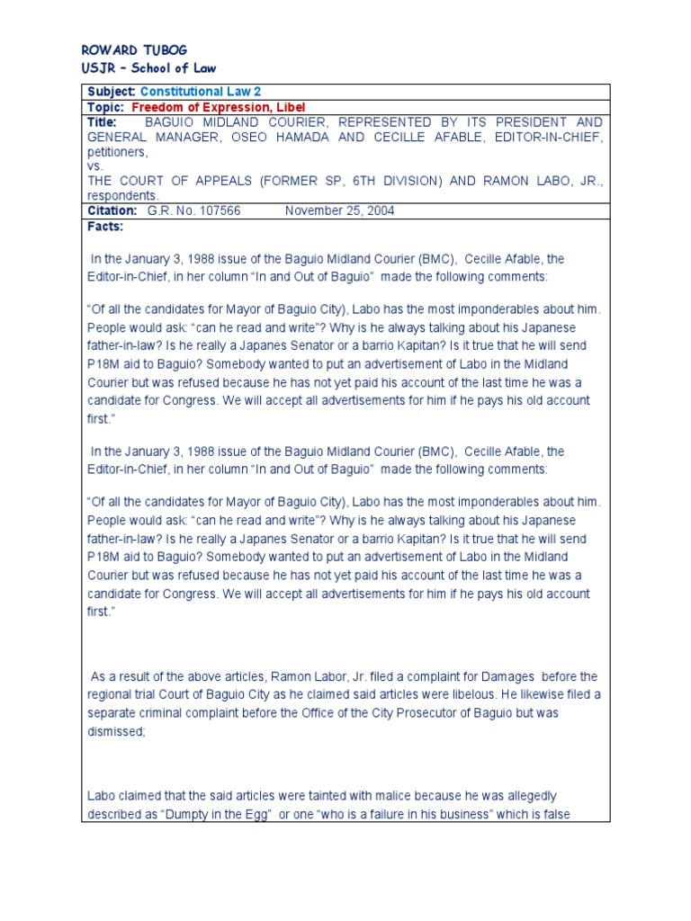 Baguio Midland Courier v. CA Freedom of Expression - Libel | PDF ...