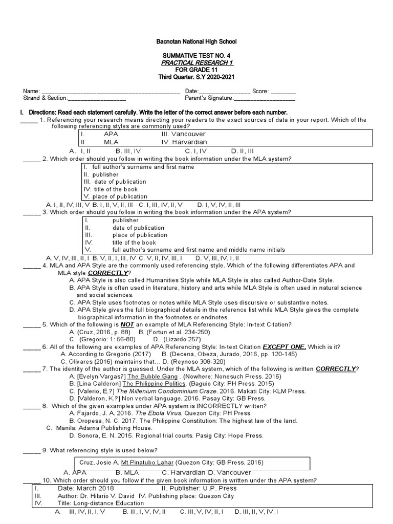 Summative Test No. 4 PR1 | PDF | Communication | Books