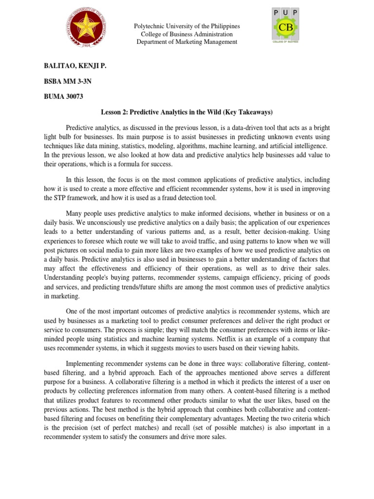 Balitao, Kenji P. Bsba MM 3-3N BUMA 30073 Lesson 2: Predictive Analytics in The Wild (Key ...