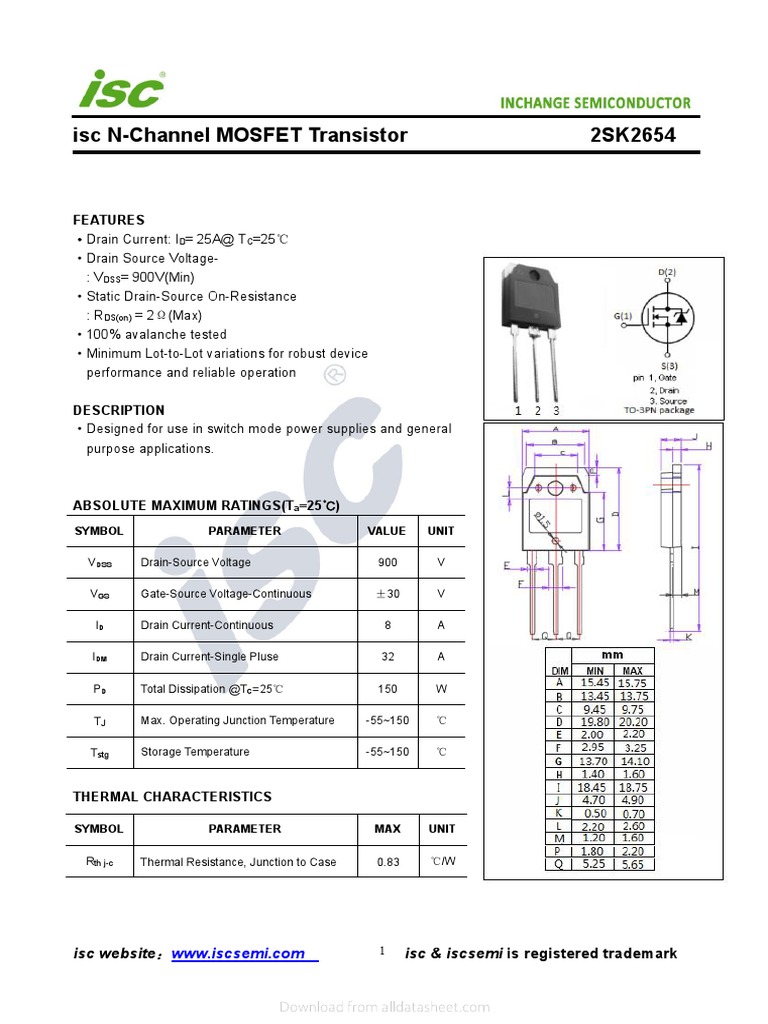 Isc N-Channel MOSFET Transistor 2SK2654: Features | PDF | Field Effect ...
