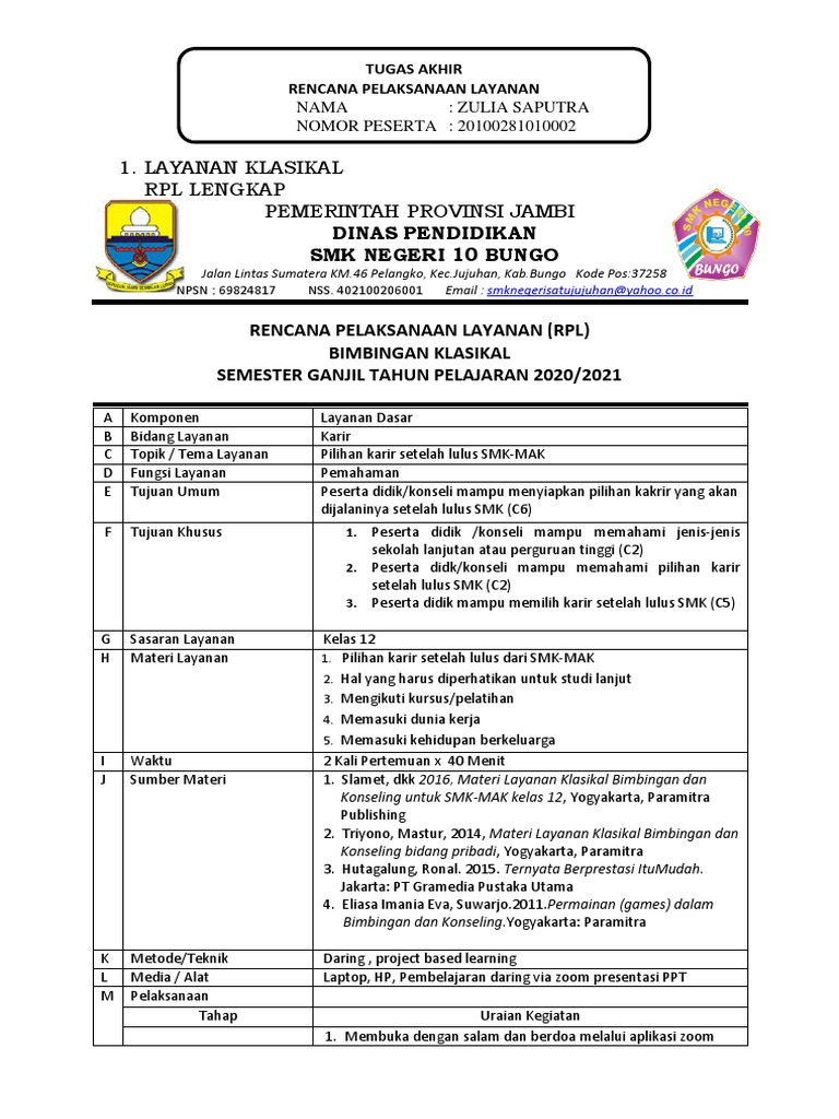 RPL Bimbingan Karir SMK 2020/2021 | PDF | Karier & Perkembangan