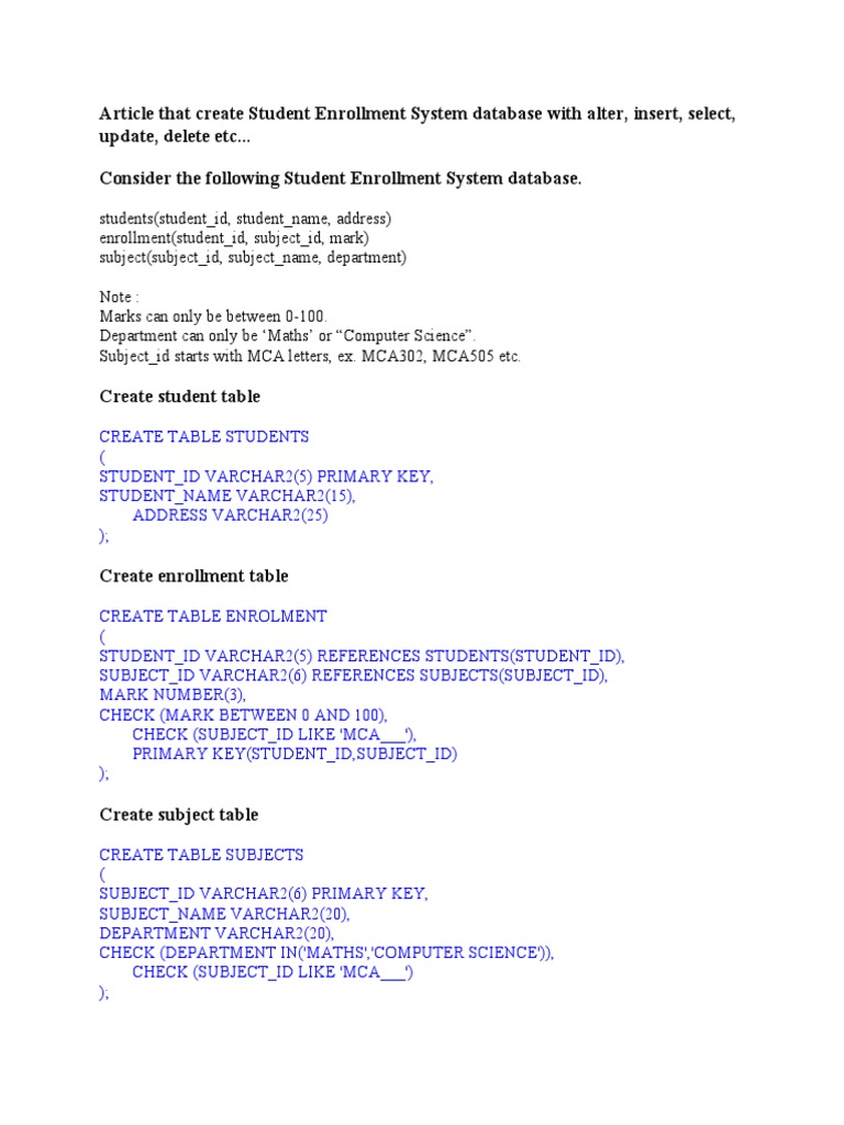 Article That Create Student Enrollment System Database With Alter | PDF ...