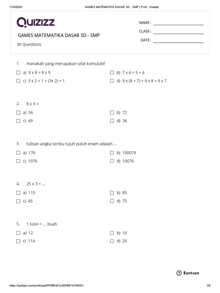 GAMES MATEMATIKA DASAR SD - SMP - Print - Quizizz | PDF