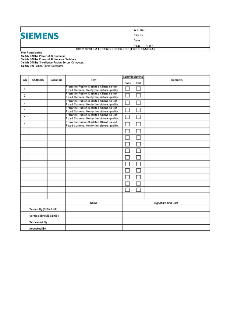 Pre Requisities CCTV System Testing Check List (Fixed Camera) | PDF ...