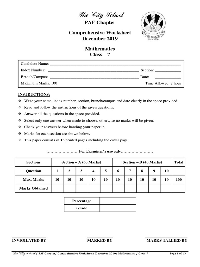 Math Comprehensive Worksheet For 1st Term Class 7 Paper2019 | PDF ...