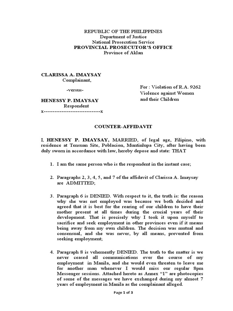 Counter Affidavit-RA 9262 | PDF | Affidavit | Misconduct