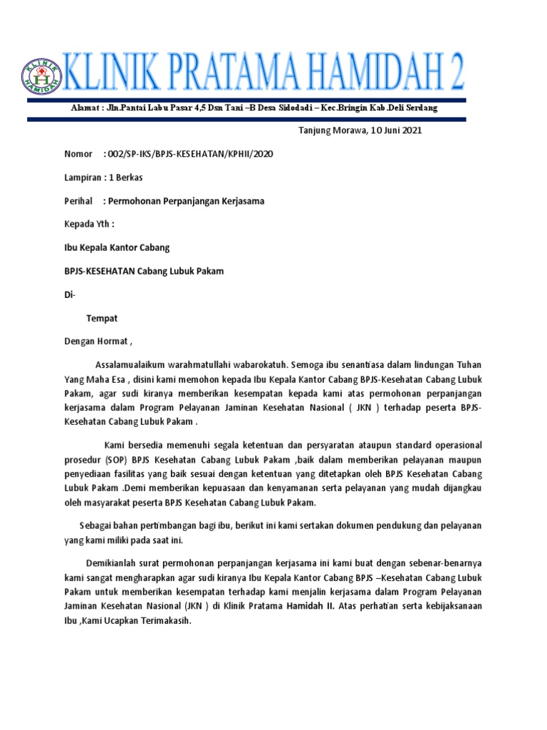 Permohonan Kerja Sama Bpjs Kesehatan | PDF