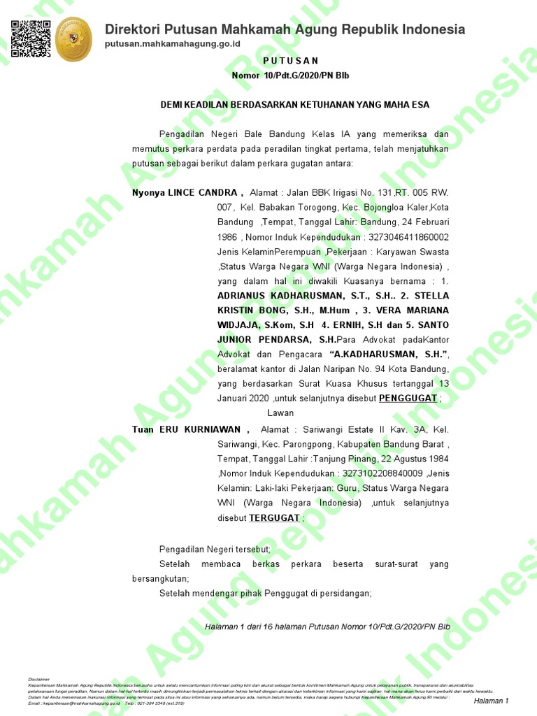 Putusan 10 PDT.G 2020 PN BLB 20210123 | PDF