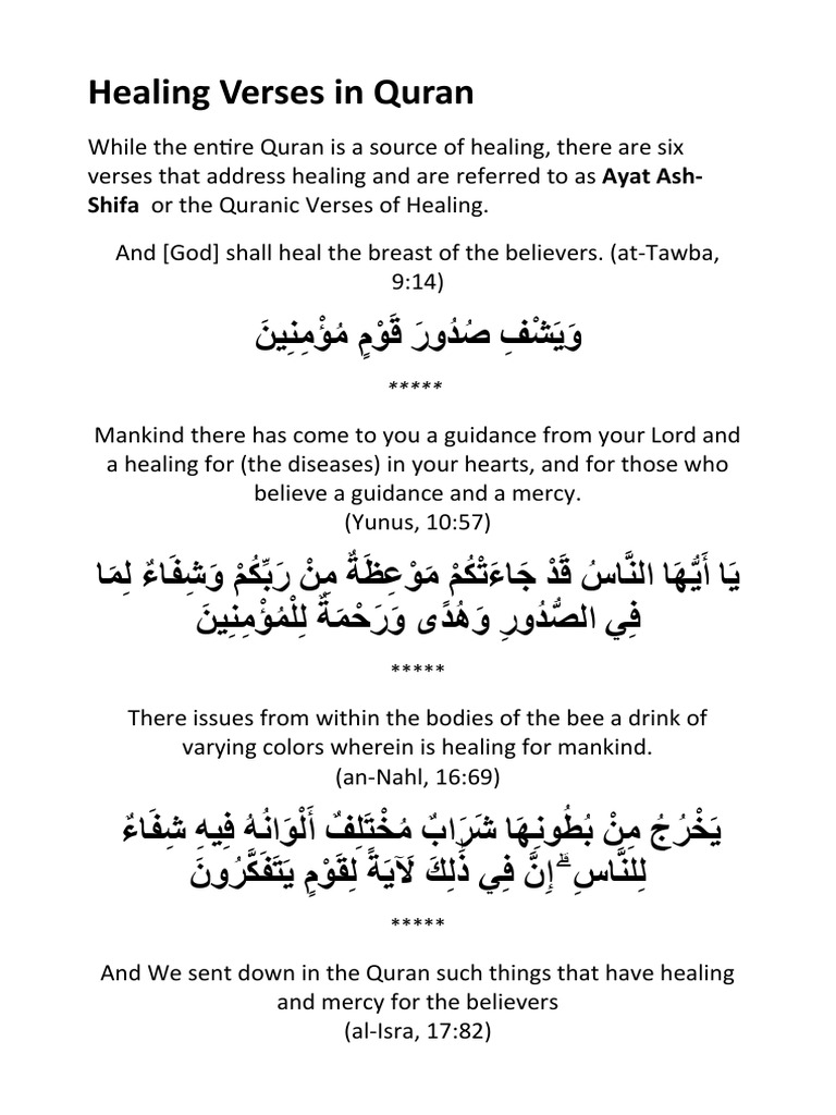 Healing Verses in the Quran (6 Ayat Ash-Shifa | PDF | Islamic Belief ...