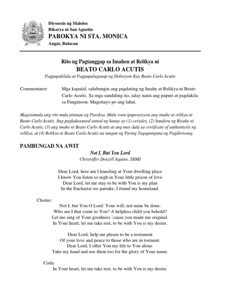 Rito NG Pagdalaw at Pamamaalam Sa Relikya Ni Beato Carlo Acutis | PDF