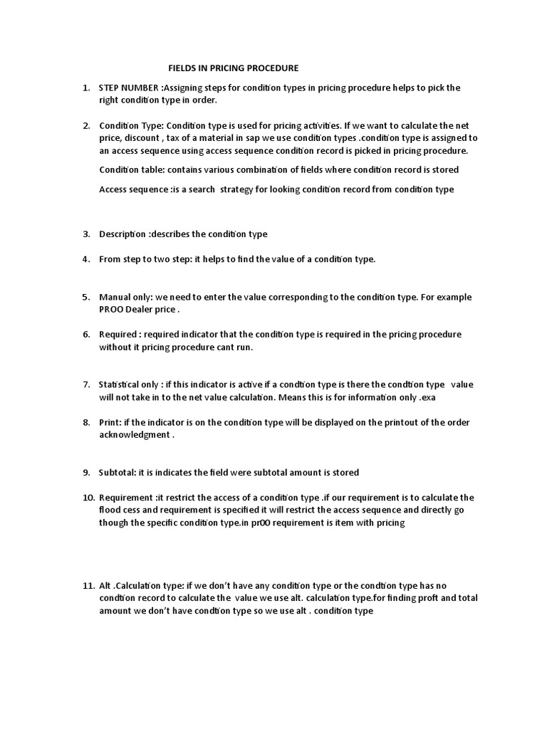 Fields in Pricing Procedure | PDF