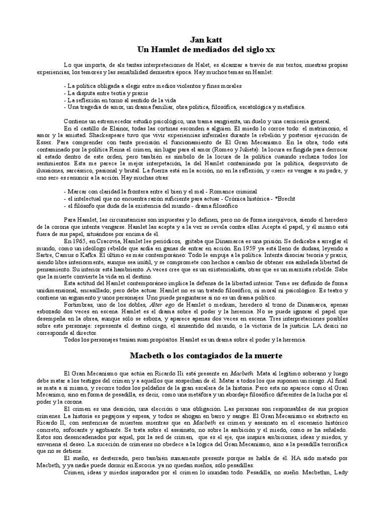 Resumen Jan Kott - Shackespeare Nuestro Contemporaneo | PDF | Aldea | Rey Lear