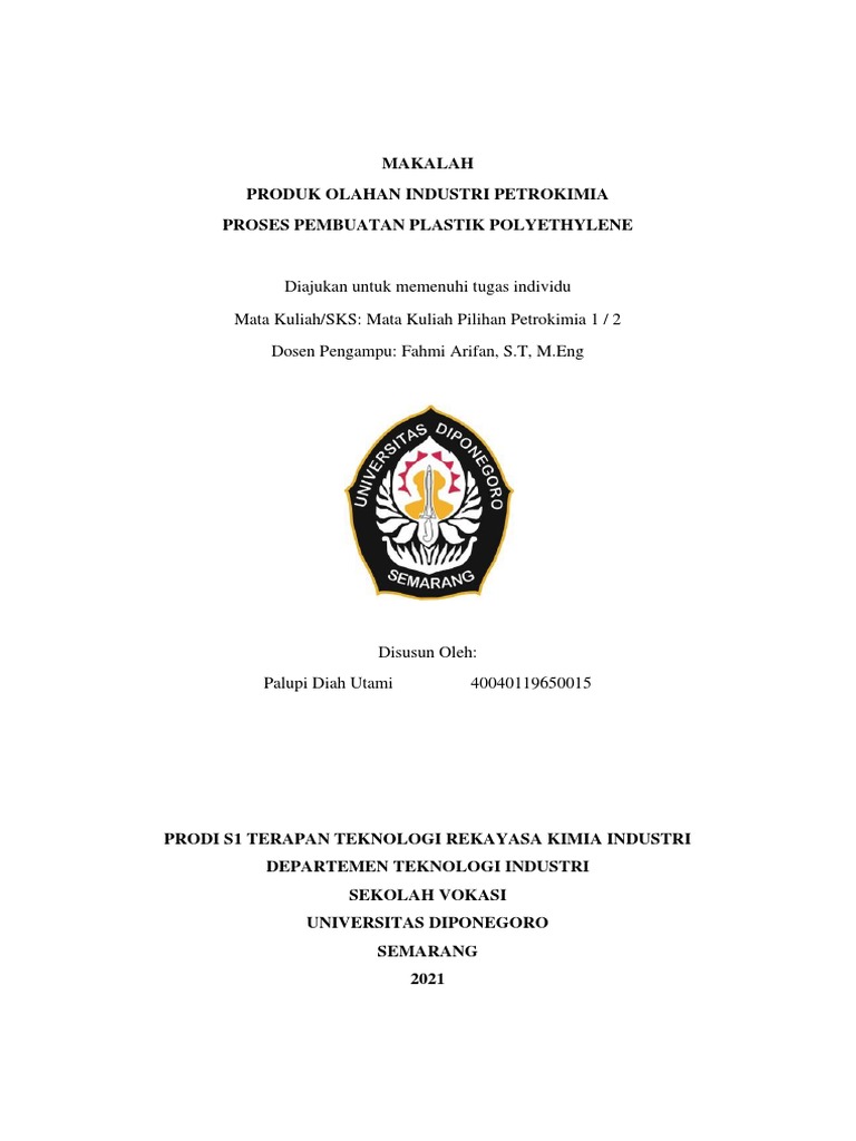 Palupi Diah Utami - Pembuatan Plastik Polyethylene | PDF Palupi Diah Utami - Pembuatan Plastik Polyethylene | PDF