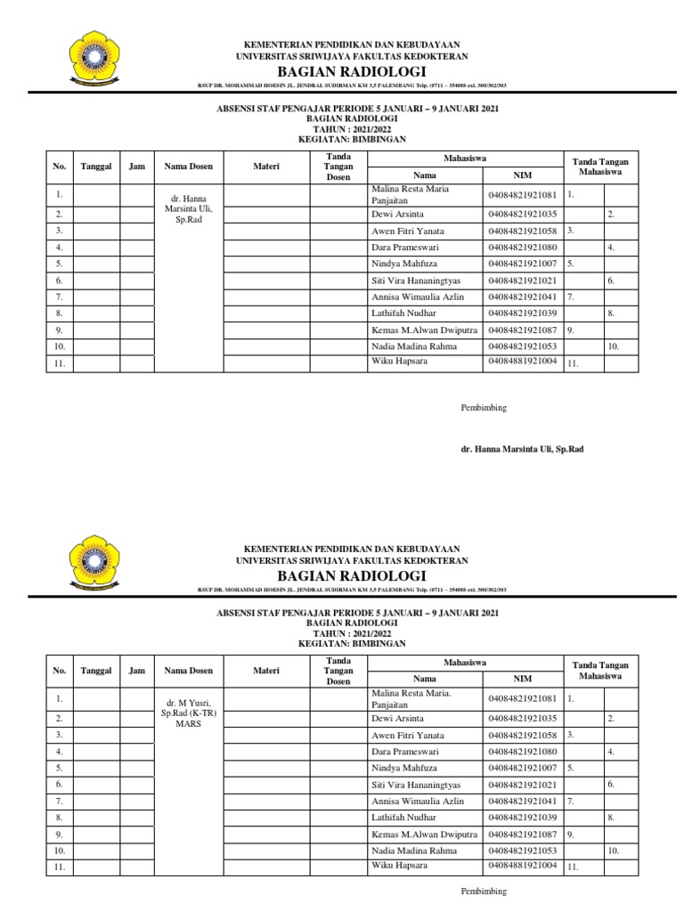 Absen Bimbingan Dokter Radiologi 5 - 9 Jan 2021 | PDF