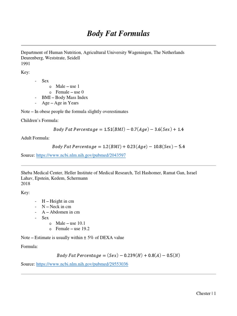 Body Fat Formulas | PDF | Body Mass Index | Human Weight