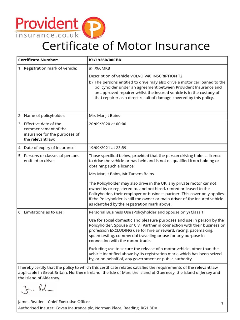 Your Certificate of Motor Insurance | PDF | Vehicle Insurance | Insurance