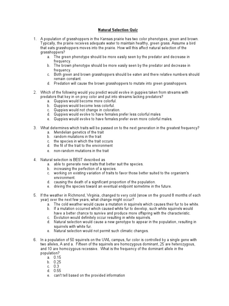 Natural Selection Quiz | PDF | Zygosity | Evolution