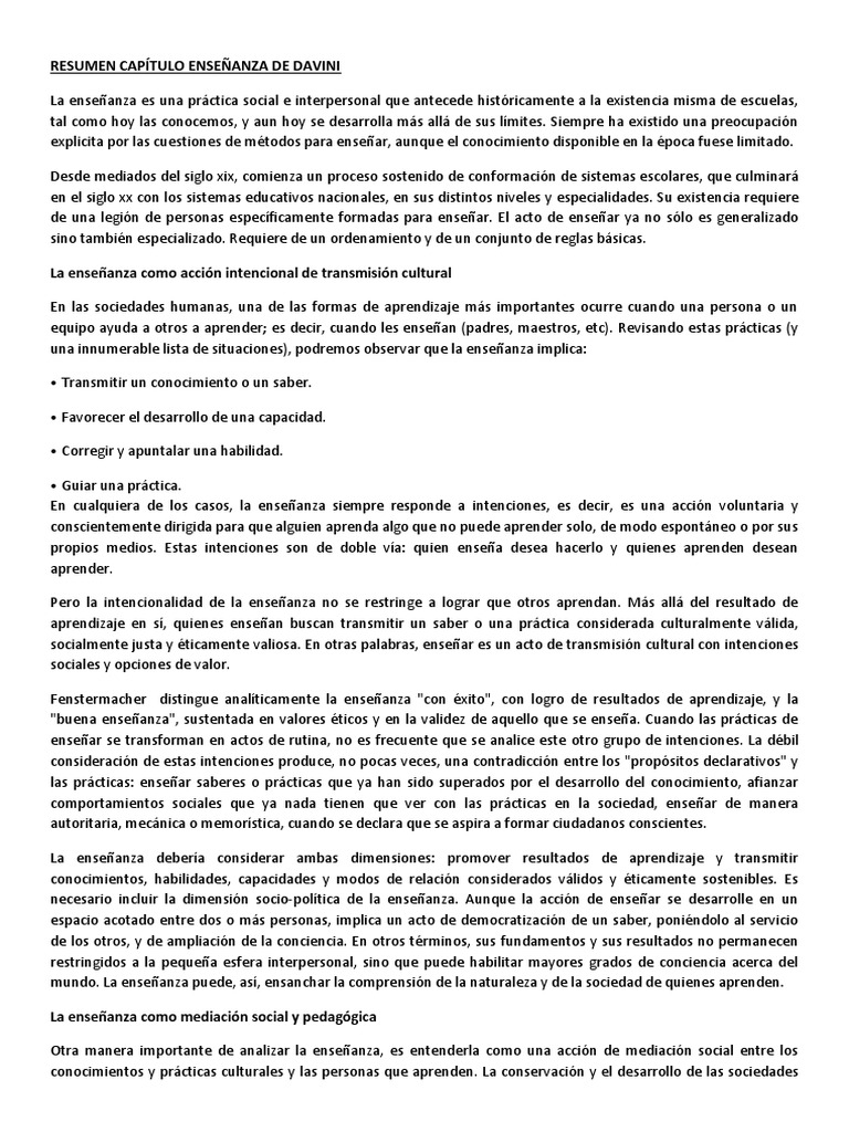 Resumen Capítulo Enseñanza de Davini | PDF | Conocimiento | Plan de estudios