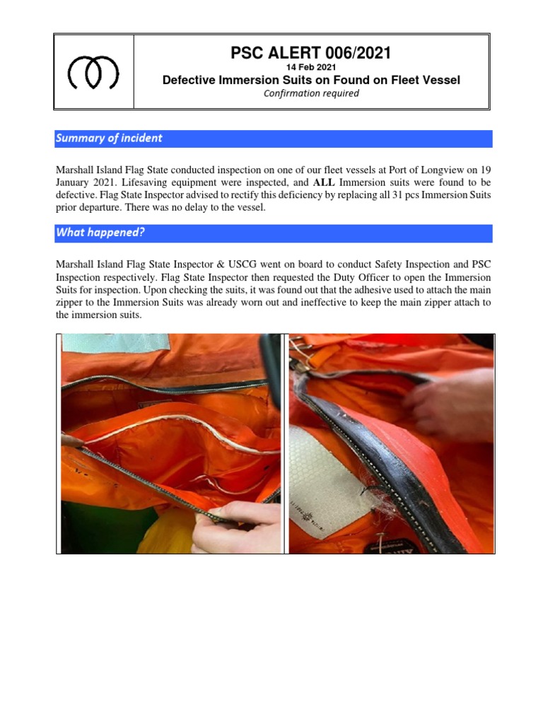 PSC Alert - Incident 006-2021 - Defective Immersion Suits Found On ...