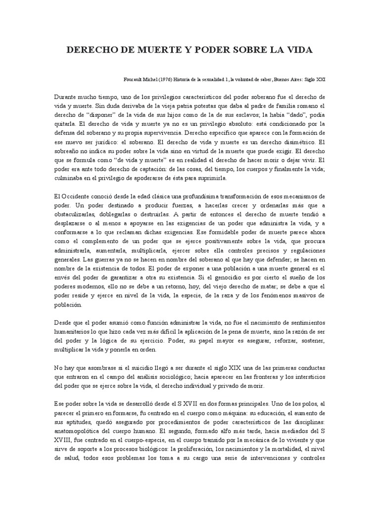 DERECHO DE MUERTE Y PODER SOBRE LA VIDA, Michel Foucault | PDF | Vida ... DERECHO DE MUERTE Y PODER SOBRE LA VIDA, Michel Foucault | PDF | Vida ...