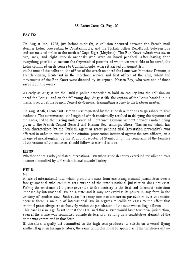 Lotus Case, Ct. Rep. 20 Facts | PDF | Jurisdiction | Prosecutor