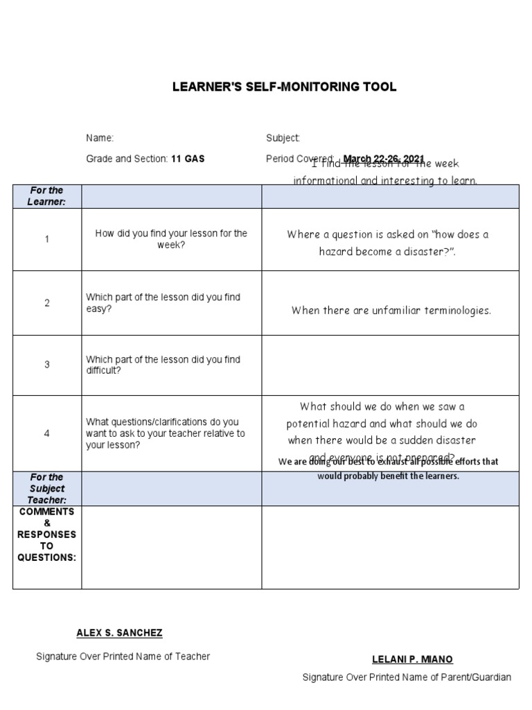 Learner'S Self-Monitoring Tool | PDF