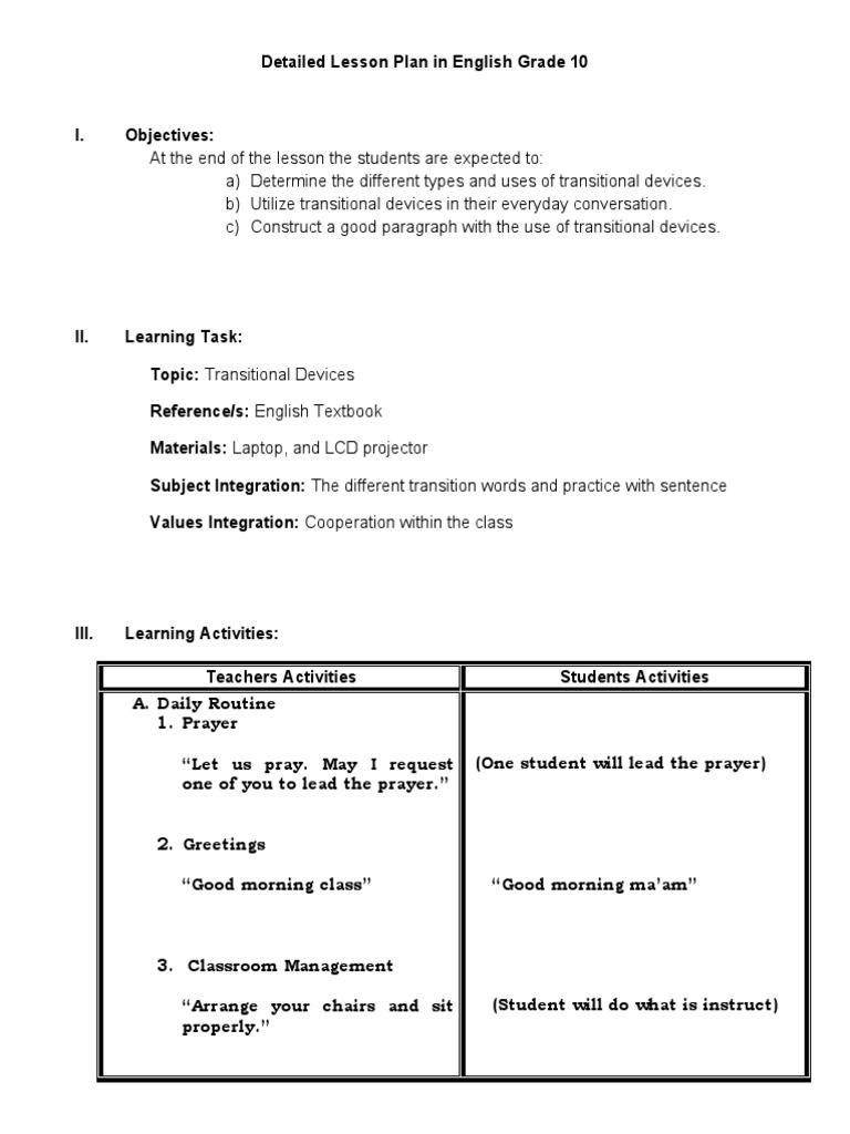 Detailed Lesson Plan in English Grade 10 | PDF | Lesson Plan ...