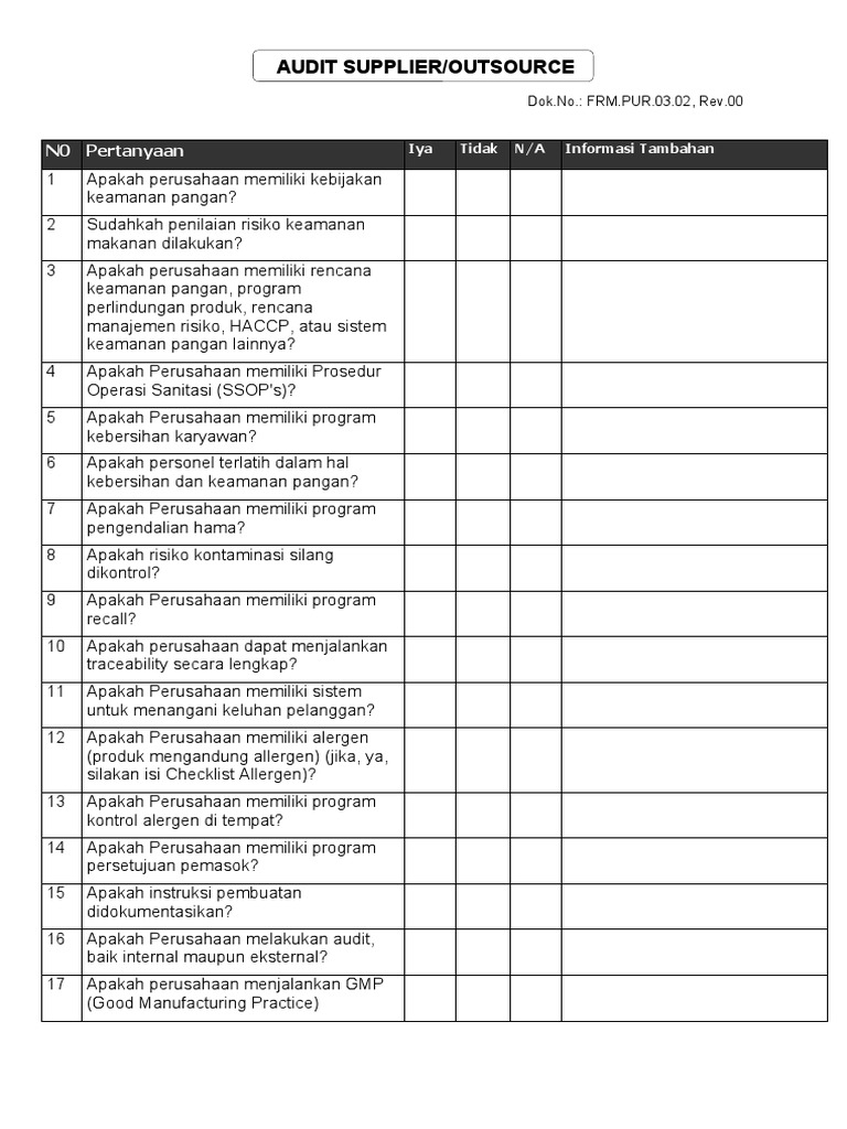 FRM - PUR.03.02 Checklist Audit Supplier Dan Outsource | PDF FRM - PUR.03.02 Checklist Audit Supplier Dan Outsource | PDF