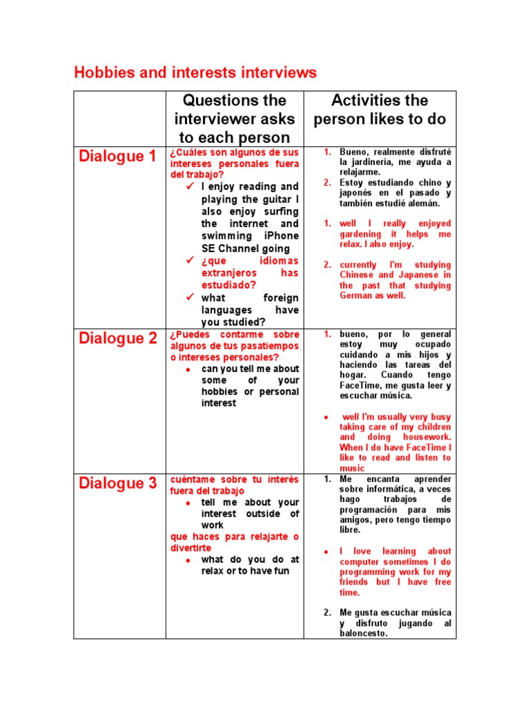 Hobbies and Interests Interview Listening Comprehension Chart | PDF ...