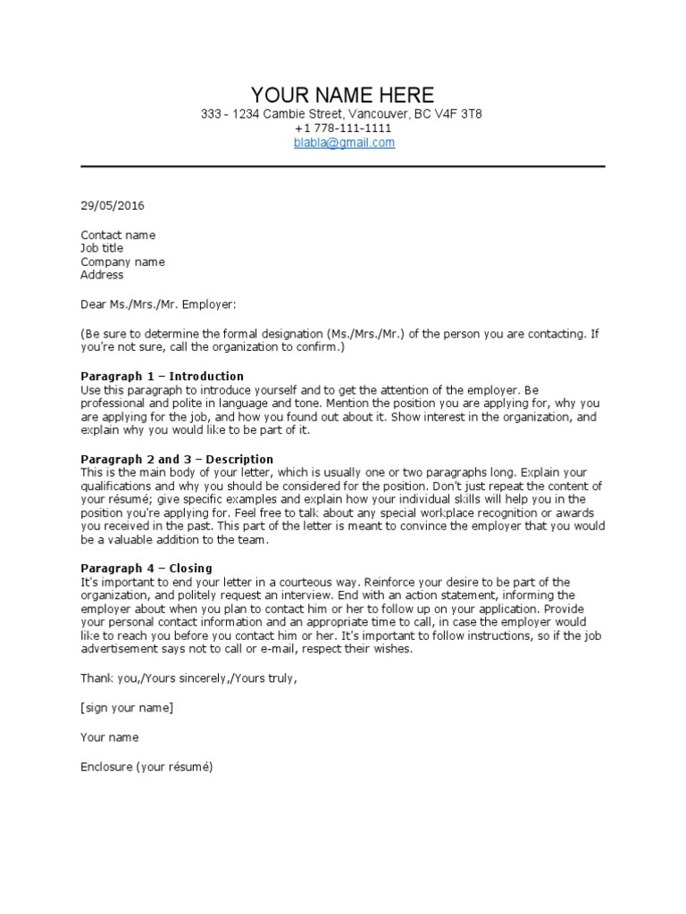 Canadian Cover Letter Template | PDF | Résumé | Human Nature