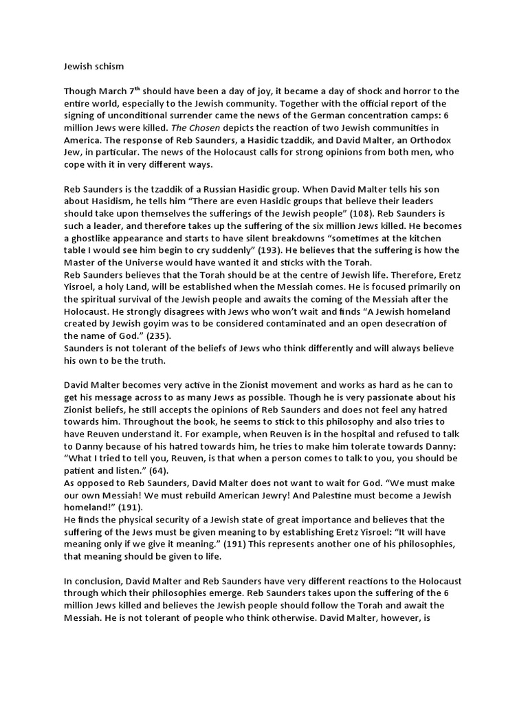 IB Essay About The Chosen (Chaim Potok) | PDF | Jewish Movements ...