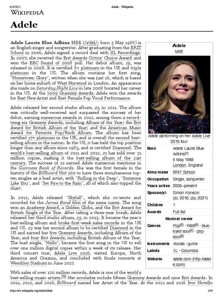 Adele - Wikipedia | PDF | Adele | Music Industry