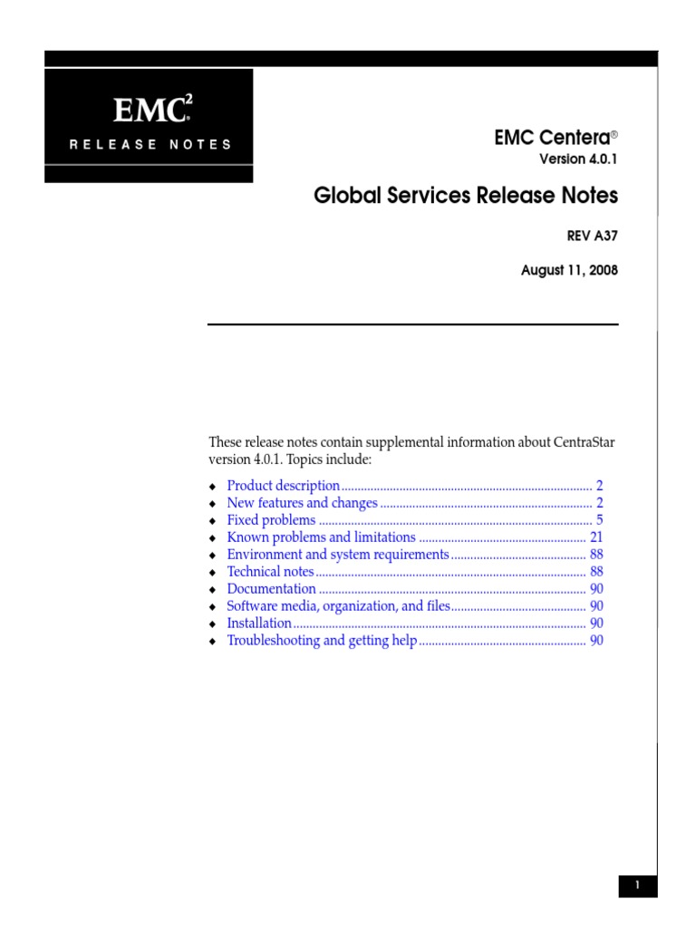EMC Centera 4.0 GlobalServices Release Notes Rev.a37 | PDF | Command ...