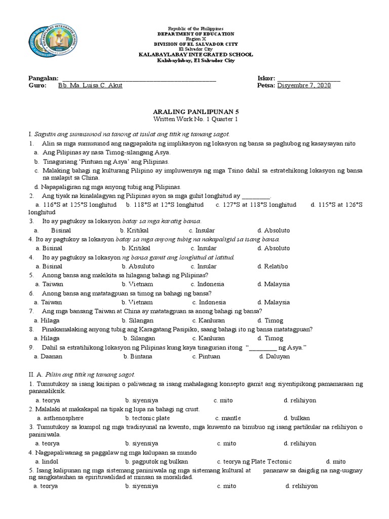Grade 5 Summative Test in AP Modules 1-3 | PDF
