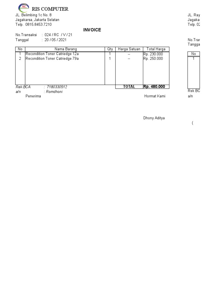Invoice dan Tanda Terima RIS Computer | PDF