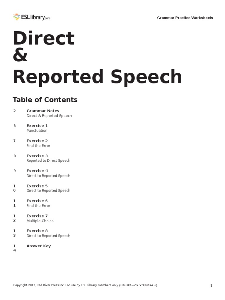 Direct & Reported Speech: Grammar Practice Worksheets | PDF | Language Mechanics | Linguistic ...