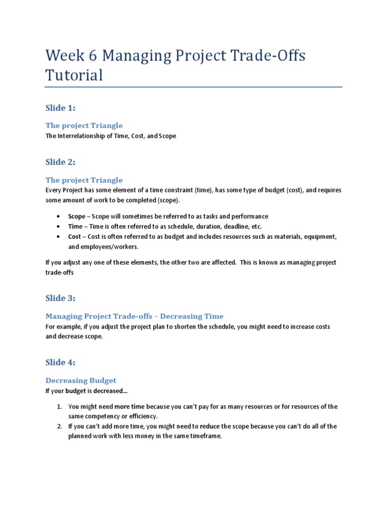 Week 6 Managing Project Trade-Offs Tutorial: Slide 1 | PDF | Trade Off ...