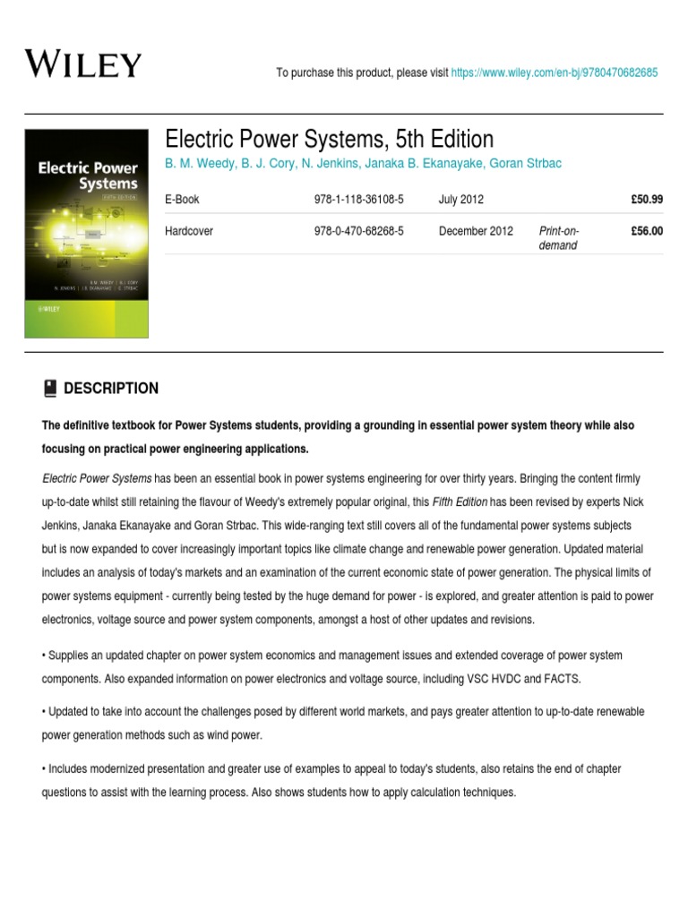 Wiley - Electric Power Systems, 5th Edition - 978-0-470-68268-5 | PDF ...