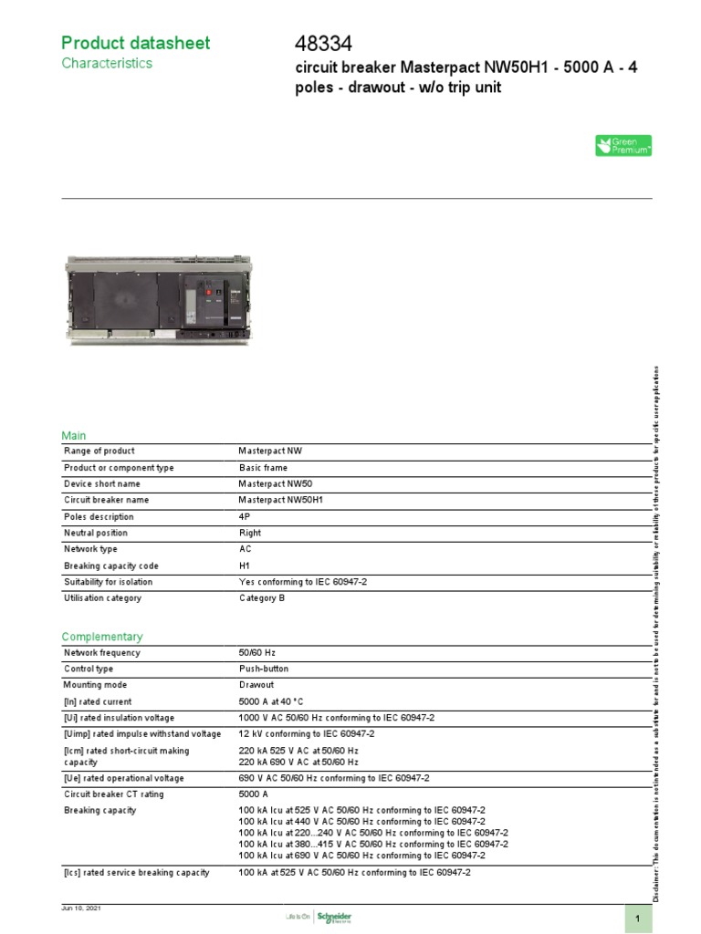 Product Datasheet: Circuit Breaker Masterpact NW50H1 - 5000 A - 4 Poles ...
