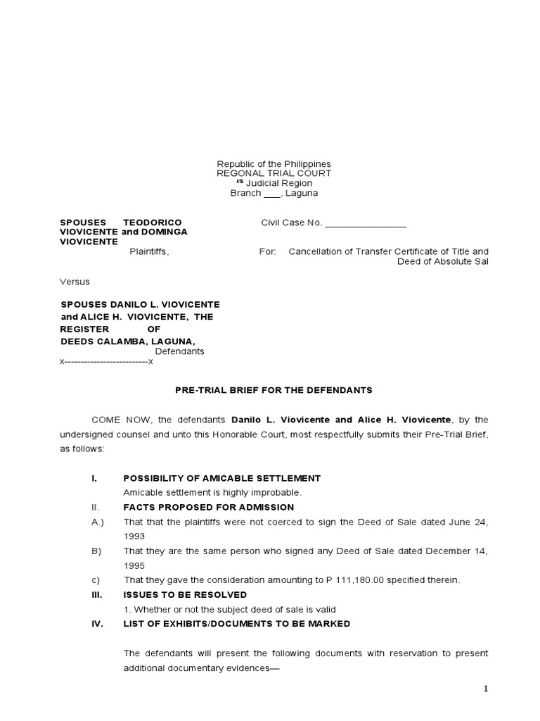 Pre-Trial Brief For Defendants | PDF | Common Law | Justice