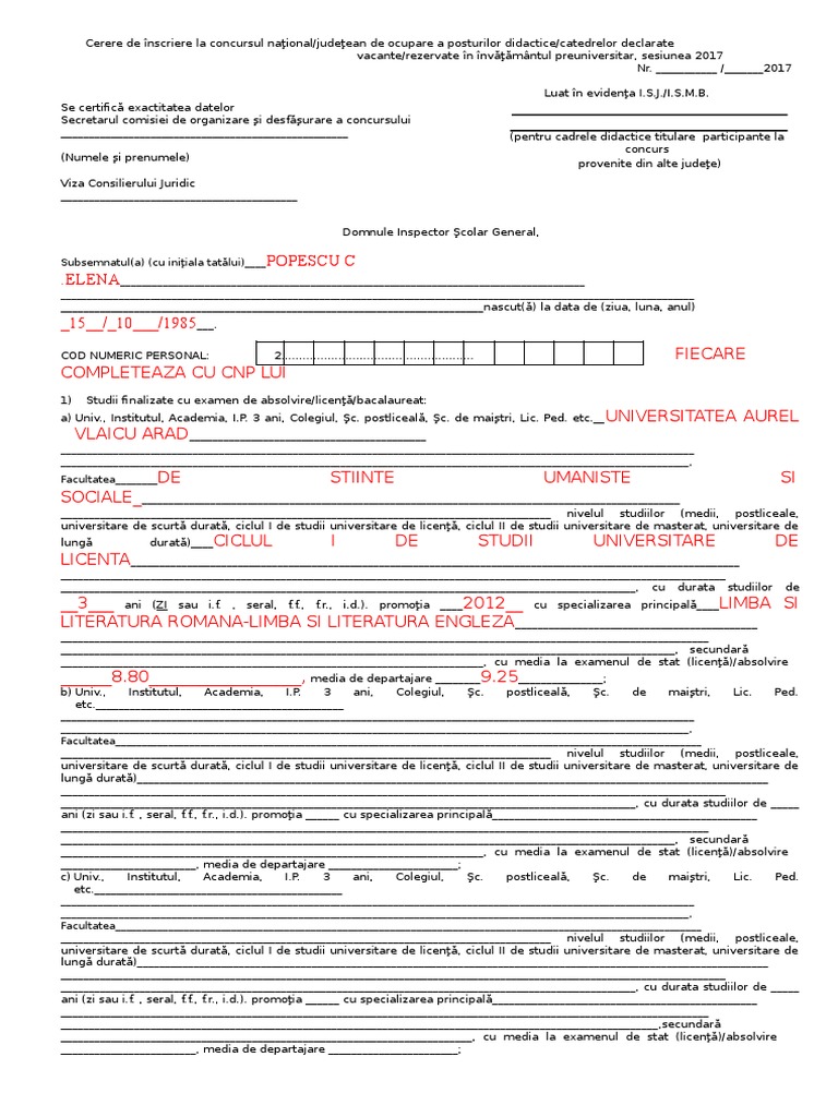 Cerere Inscriere Concurs National TITULARIZARE 2017 COMPLETATA | PDF