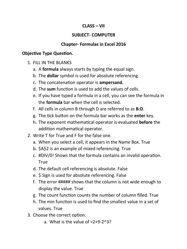 STD Vii Computer CH Formulas in Excel 2016 Revision | PDF | Formula ...