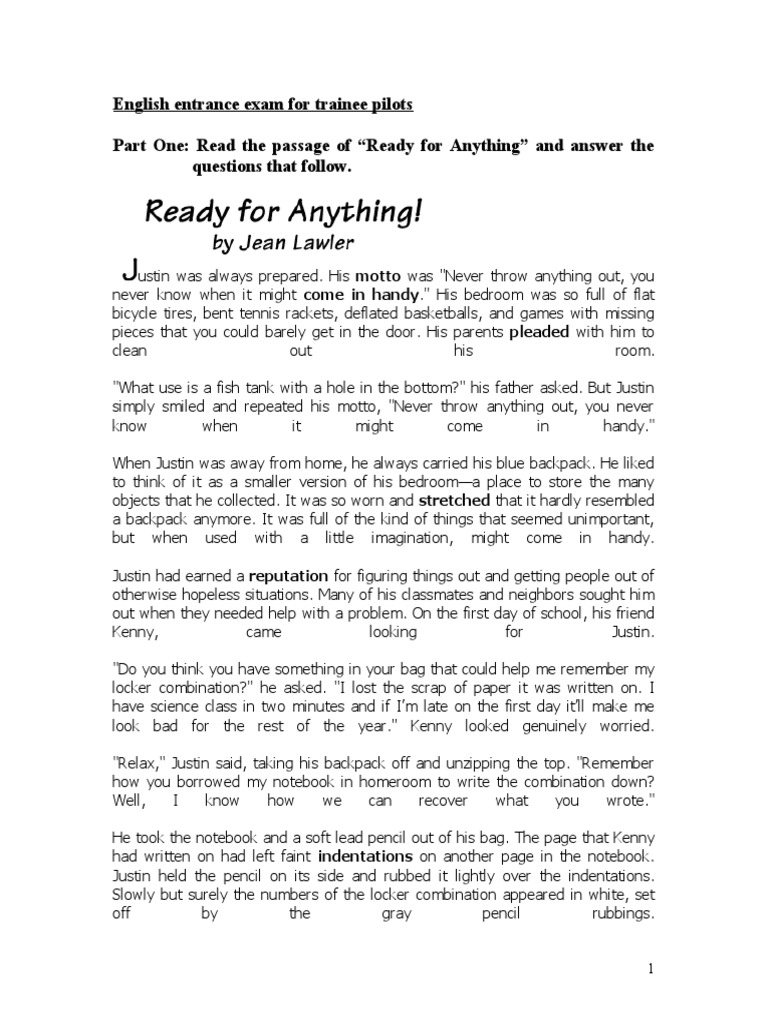 English Entrance Exam For Trainee Pilots Part One: Read The Passage of ...