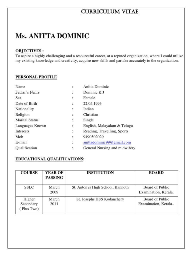 Ms Anitta Dominic: Curriculum Vitae | PDF | Midwife | Nursing