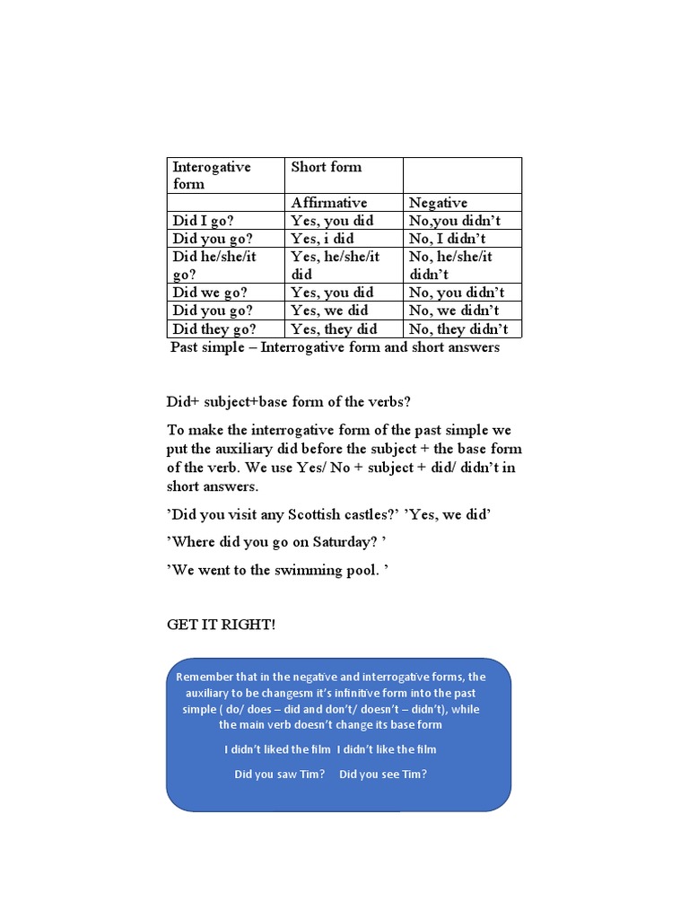 Past Simple-Interrogative Form and Short Answers | PDF